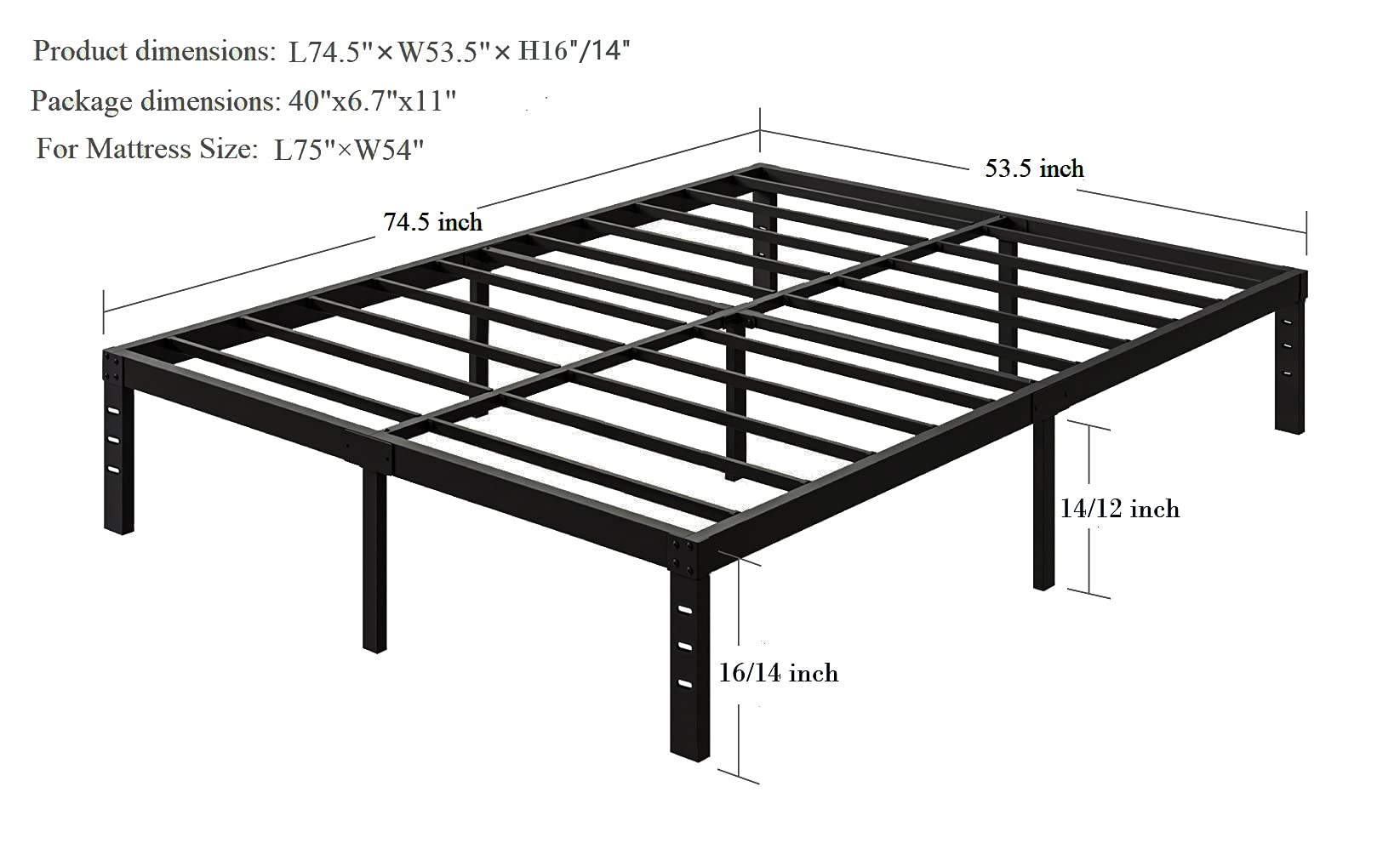 COMASACH 16 Inch Full Bed Frame and 6 Pcs Mattress Gaskets, Heavy Duty Metal Platform Bed Frames with 4500Lbs Steel Slat Support, No Box Spring Needed, Noise Free Non Slip Mattress Foundation, Black