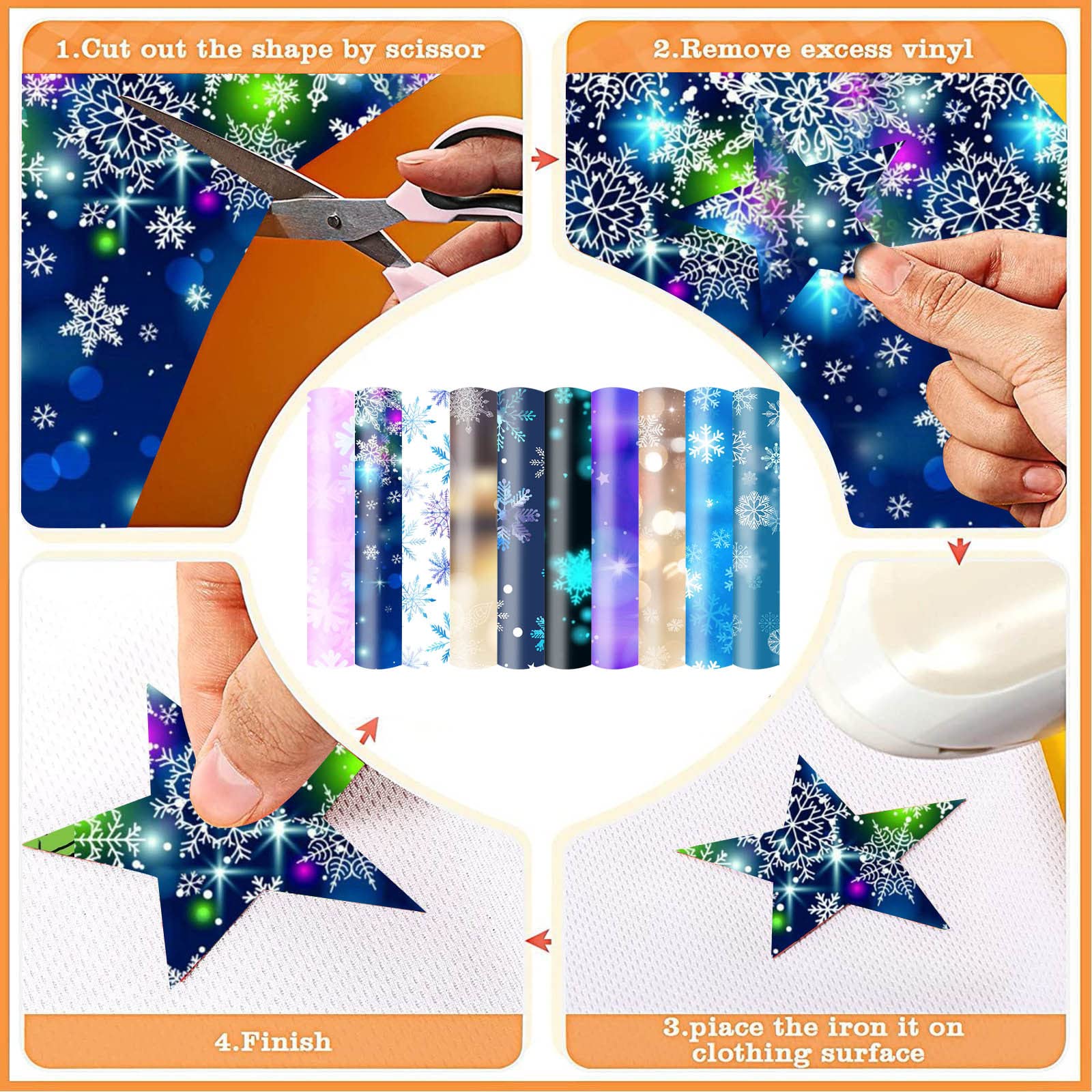Christmas Winter Snowflake Pattern Heat Transfer Vinyl Rainbow Stripe Pattern Vinyl Vinyl Bundling Roll Soft Metal HTV Vinyl for Ironing Clothes and Other Fabrics Blanks for Projects (A2-I, One Size)
