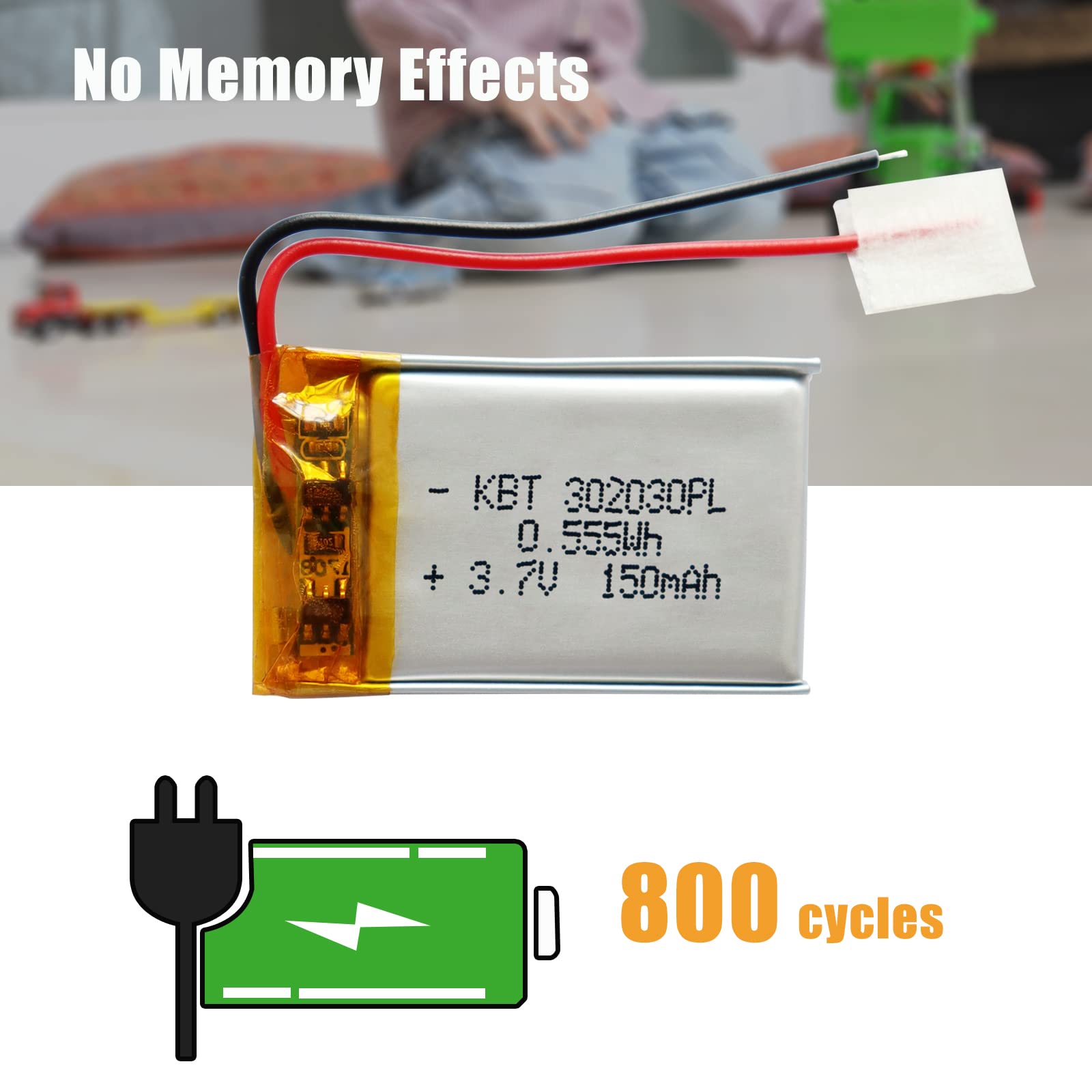 KBT 3.7V 150mAh Li-Polymer Battery:302030 Rechargeable Lithium-ion Replacement Batteries (2pack)