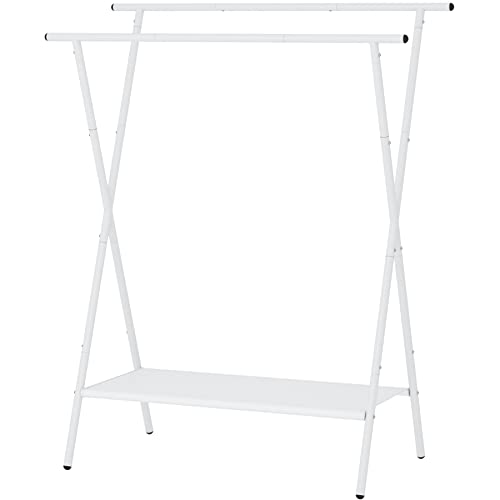 Laiensia Double Rods Clothing Racks, Portable Clothing Hanging Garment Rack with Bottom Oxford Cloth Shelves, White