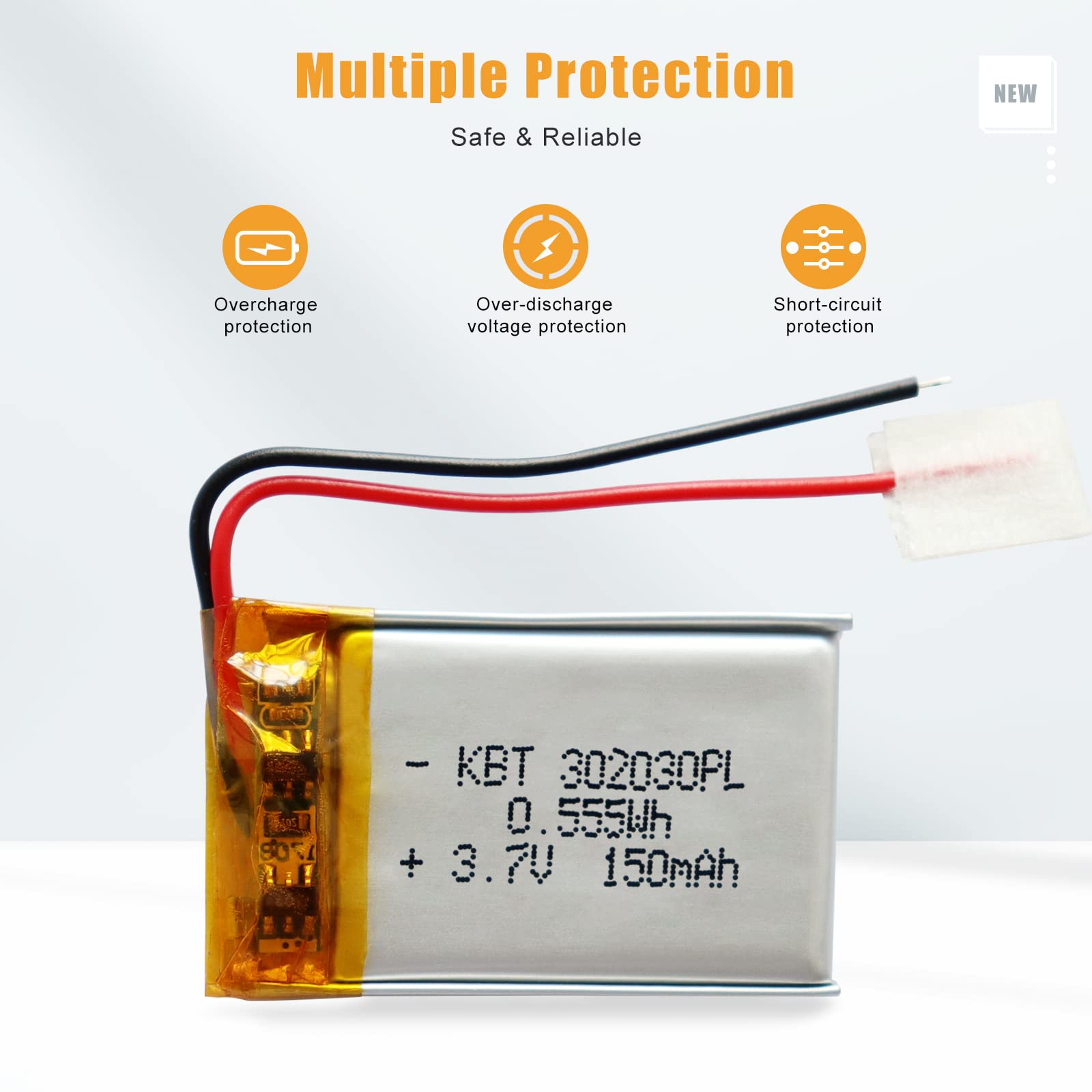 KBT 3.7V 150mAh Li-Polymer Battery:302030 Rechargeable Lithium-ion Replacement Batteries (2pack)