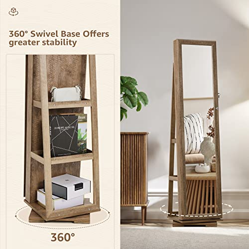 SERWALL 360 Rotating Jewelry Stand Organizer - Jewelry Armoire with Full-Length Mirror- Freestanding Dressing Mirror Jewelry Cabinet Storage - WOOD