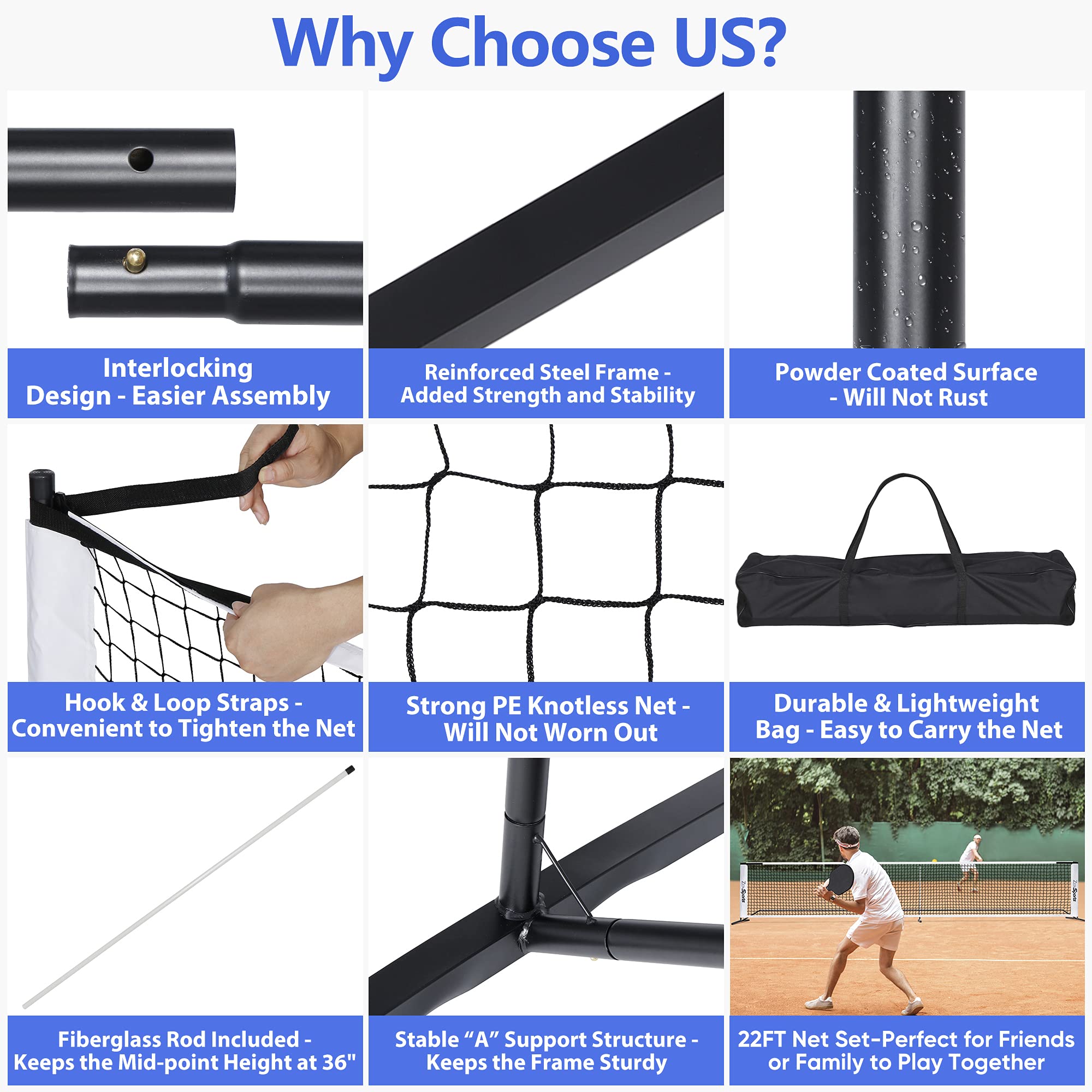 Smartxchoices Portable Pickleball Net System Outdoor 22FT Regulation Size, Pickleball System Metal Frame Net with Carrying Bag for Driveway Backyards