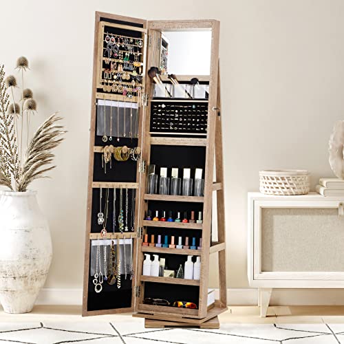 SERWALL 360 Rotating Jewelry Stand Organizer - Jewelry Armoire with Full-Length Mirror- Freestanding Dressing Mirror Jewelry Cabinet Storage - WOOD