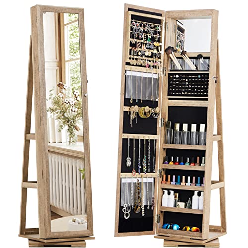 SERWALL 360 Rotating Jewelry Stand Organizer - Jewelry Armoire with Full-Length Mirror- Freestanding Dressing Mirror Jewelry Cabinet Storage - WOOD