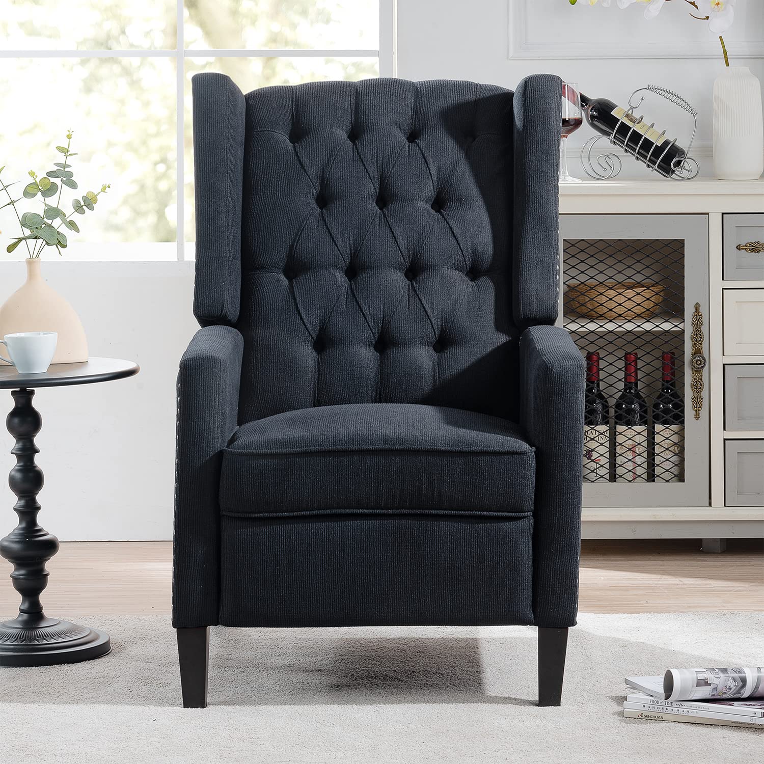 Black Fabric Recliner Chair for Adults Accent Wingback Chair Mid-Century Modern Recliner Tufted Chairs Living Room Armchair for Bedrooms Reading Recliner 27" Wide