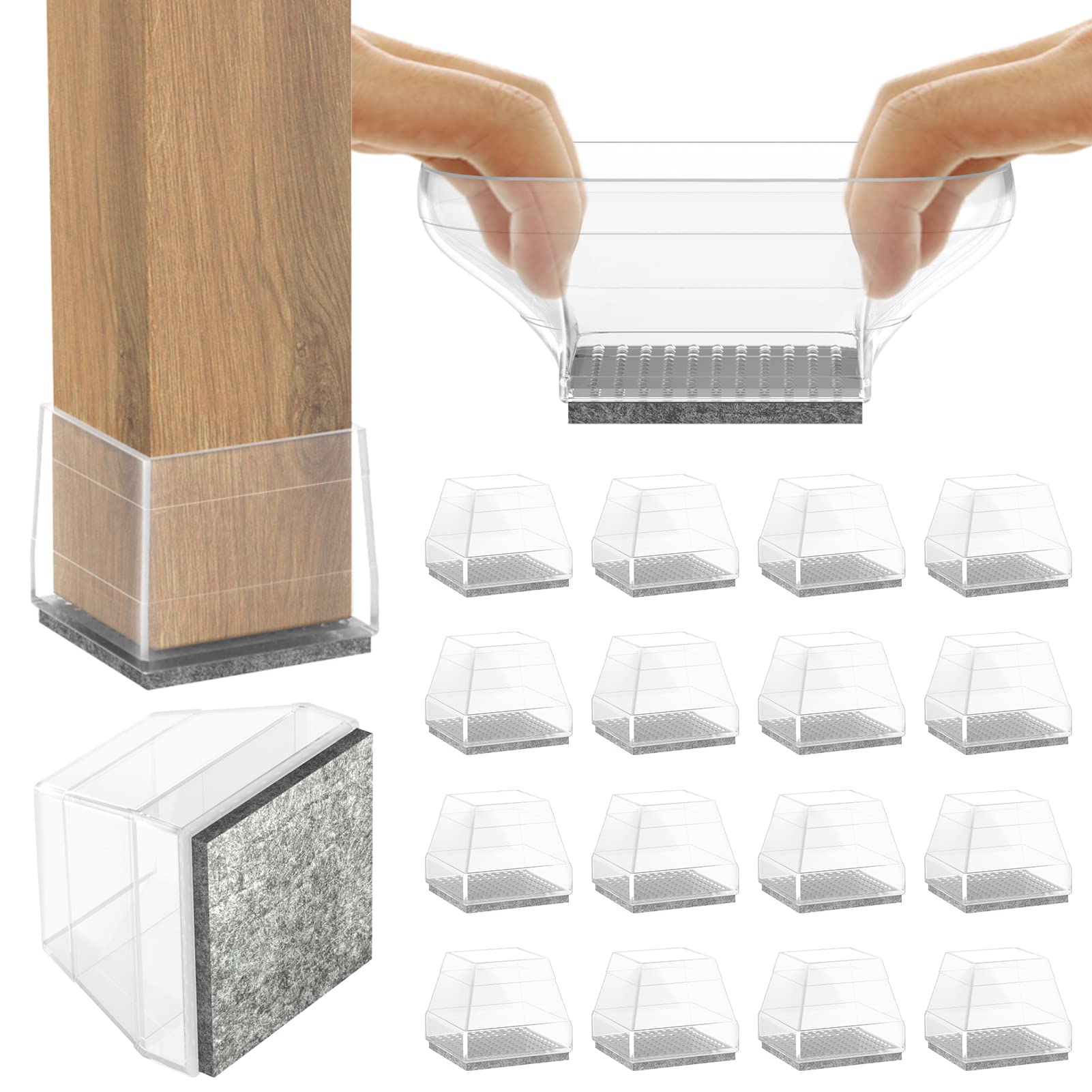 Square Chair Leg Protectors for Hardwood Floors,16 Pcs Silicone Felt Furniture Legs Caps to Prevent Floor from Scratches and Reduce Noise, Easy to Move,1.26-1.57",Clear.