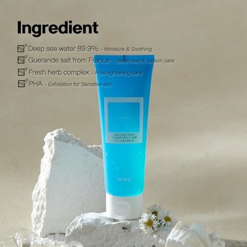 NEER°G Sea Salt Deep Cleansing Foam 4 Fl Oz (120ml) Guérande Sea Salt pH5.5 Mild Facial Cleanser, Moisturizing Face Wash for Normal to Sensitive Skin