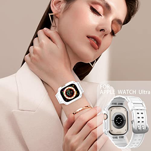 AIRYZGOOD Compatible for Apple Watch Band Ultra 2/1 49mm with Bumper Case,Rugged Men Bands Sport Protective Case Shockproof Protector Cover for iWatch Ultra 2/1 49mm(White,49mm)