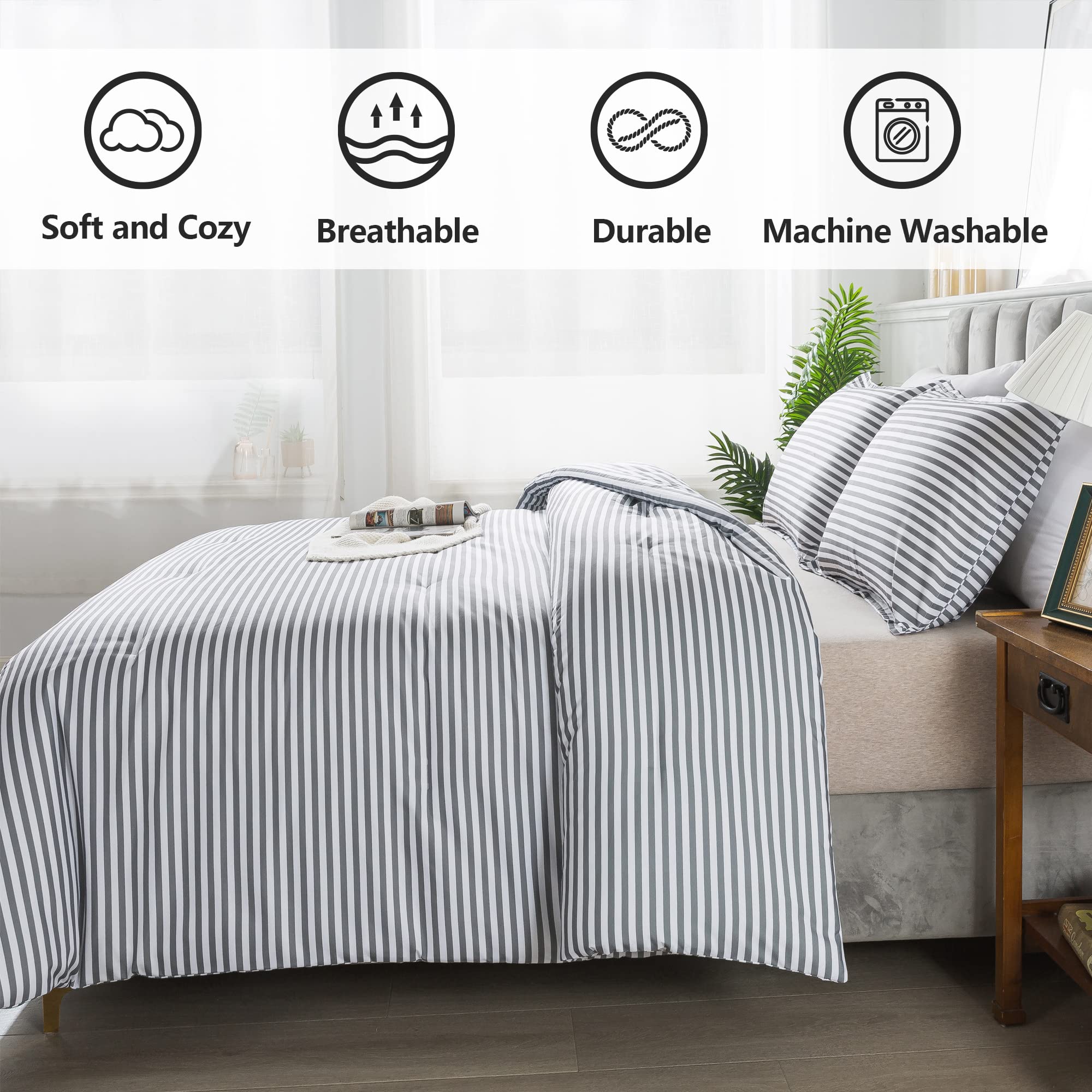 Andency Striped Comforters Queen Size Set Gray, 3 Pieces Grey Bedding Comforter Sets for Queen Bed, Soft Lightweight Fluffy Down Alternative Bed Set for Boys Men All Season