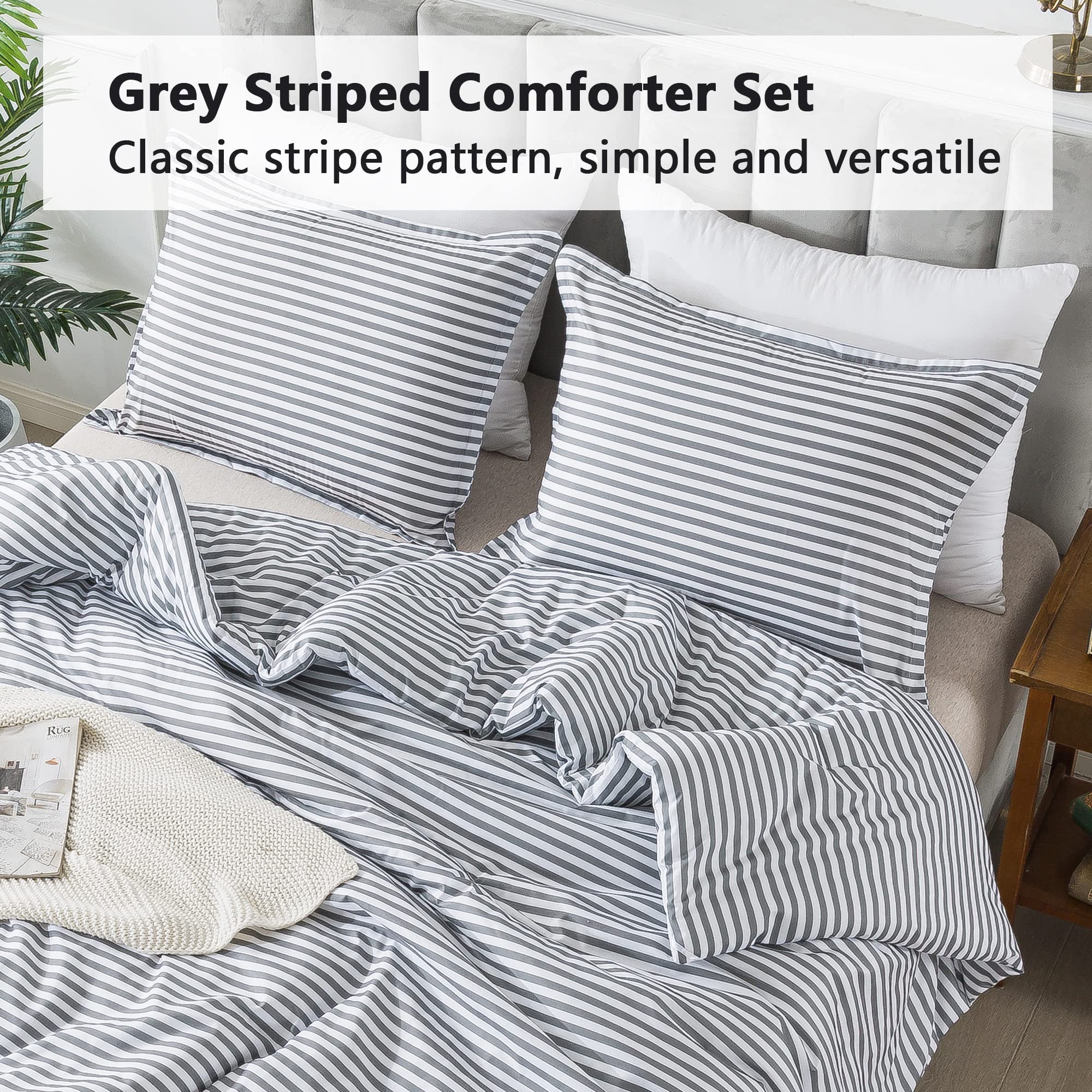 Andency Striped Comforters Queen Size Set Gray, 3 Pieces Grey Bedding Comforter Sets for Queen Bed, Soft Lightweight Fluffy Down Alternative Bed Set for Boys Men All Season