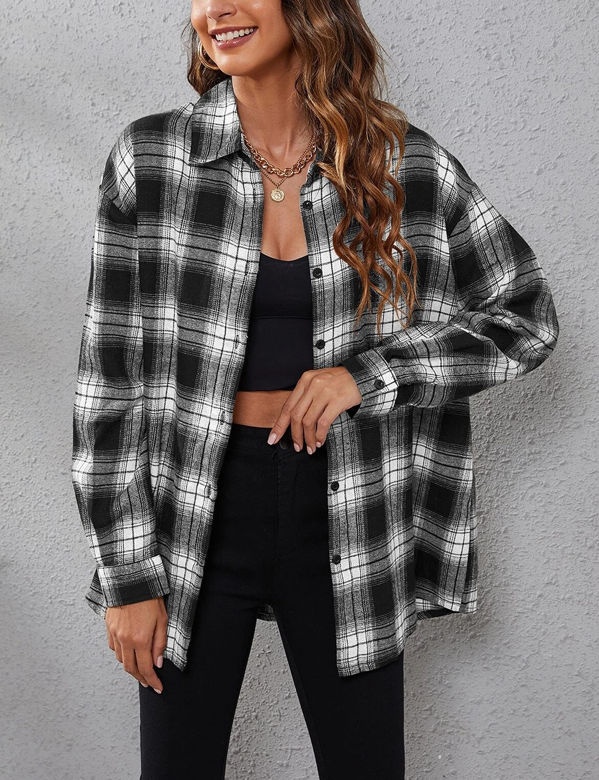 Ailoqing Plaid Shirts for Women Long Sleeve Button Down Flannel Shirts Buffalo Blouse Tops(Blackwhite-M)