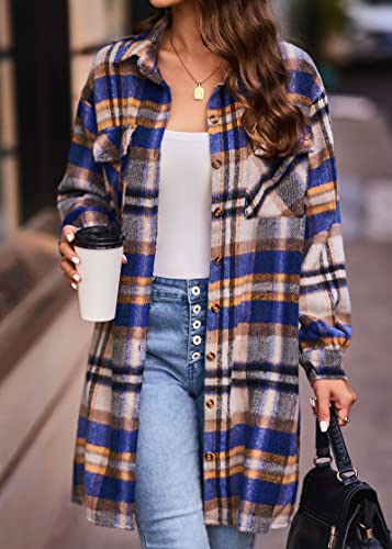 BTFBM Women's Corduroy Shacket Jacket Shirts Lapel Long Sleeve Oversized 2023 Fall Winter Button Down Shirt Dress Pocket(Plaid Royal Blue, X-Large)