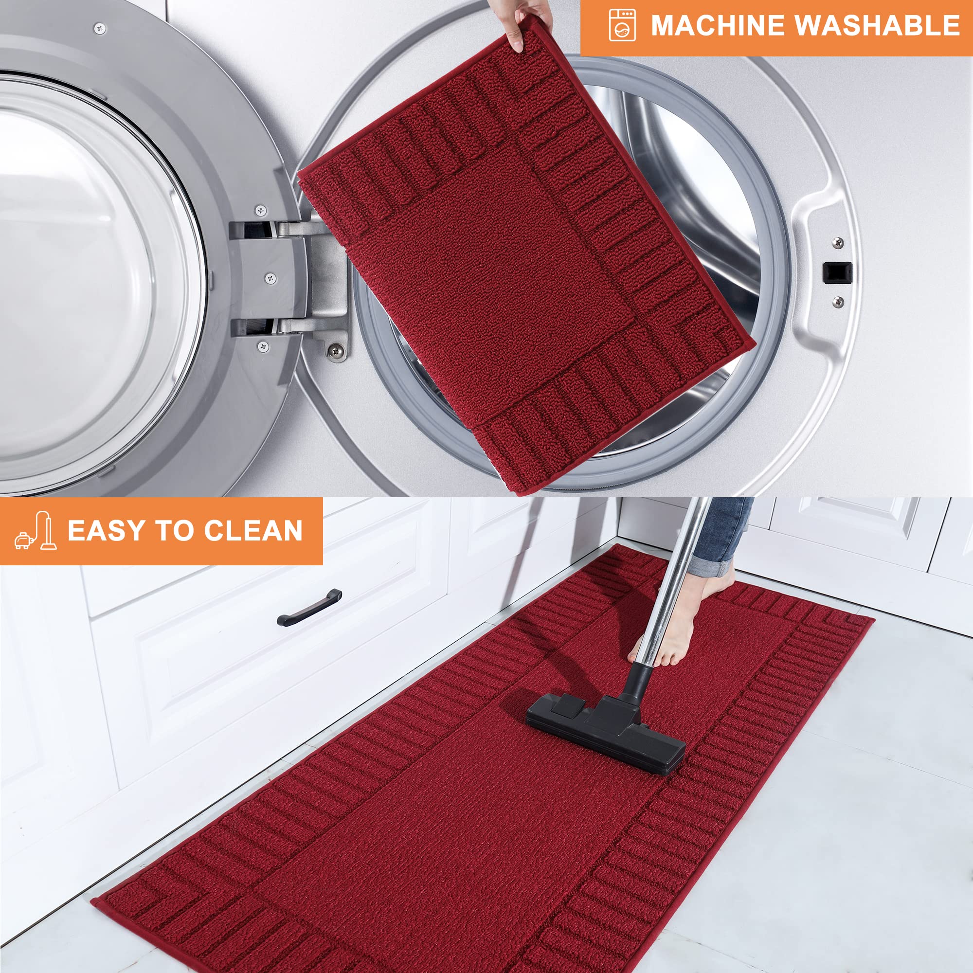 BEQHAUSE-Non-Slip-Kitchen-Mats-for-Floor [2PCS],Kitchen Mats,Machine Washable Burgundy Red Kitchen Rugs,Polypropylene Kitchen Floor Mat with TPR Backing 24x35inch/24x60inch