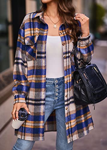 BTFBM Women's Corduroy Shacket Jacket Shirts Lapel Long Sleeve Oversized 2023 Fall Winter Button Down Shirt Dress Pocket(Plaid Royal Blue, X-Large)