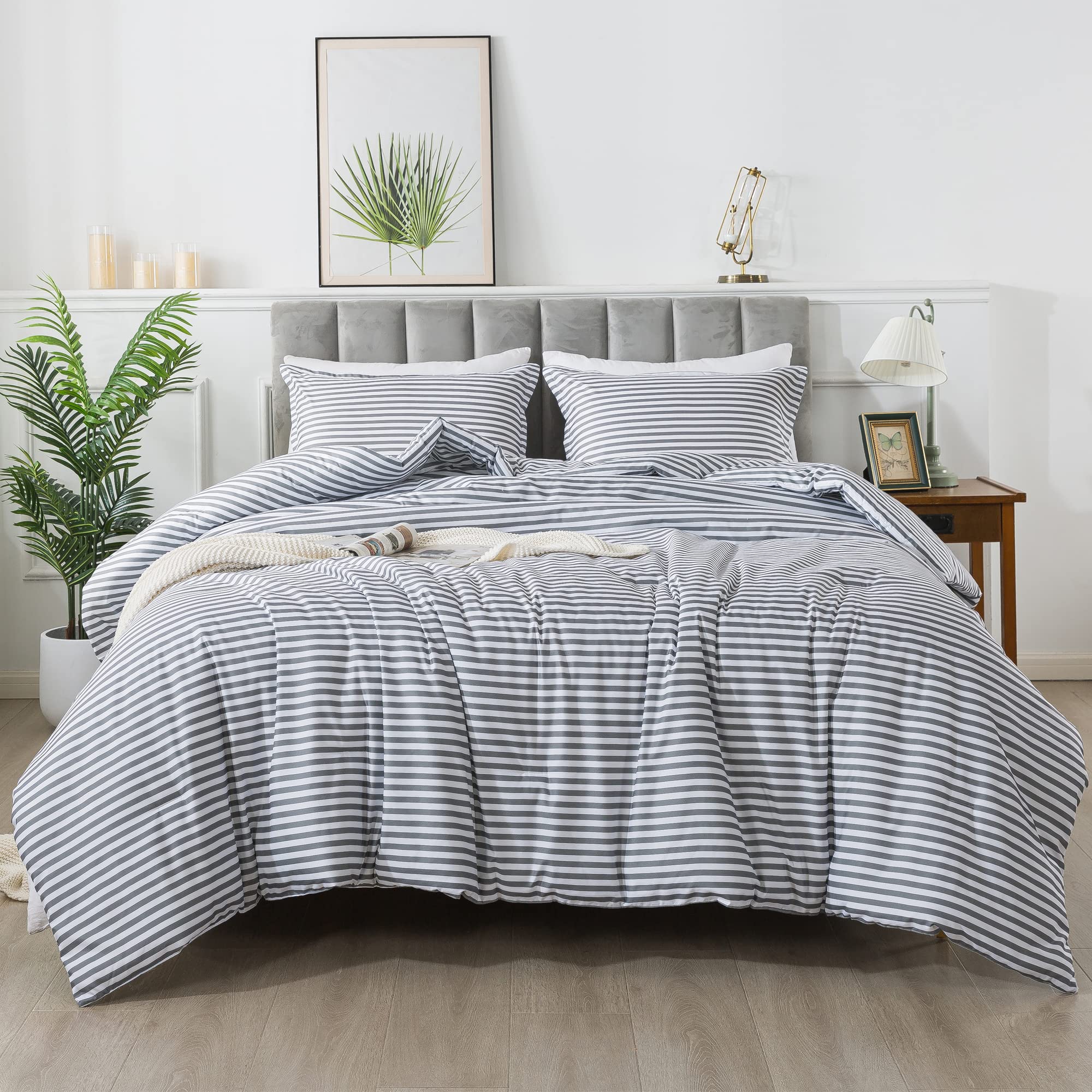 Andency Striped Comforters Queen Size Set Gray, 3 Pieces Grey Bedding Comforter Sets for Queen Bed, Soft Lightweight Fluffy Down Alternative Bed Set for Boys Men All Season