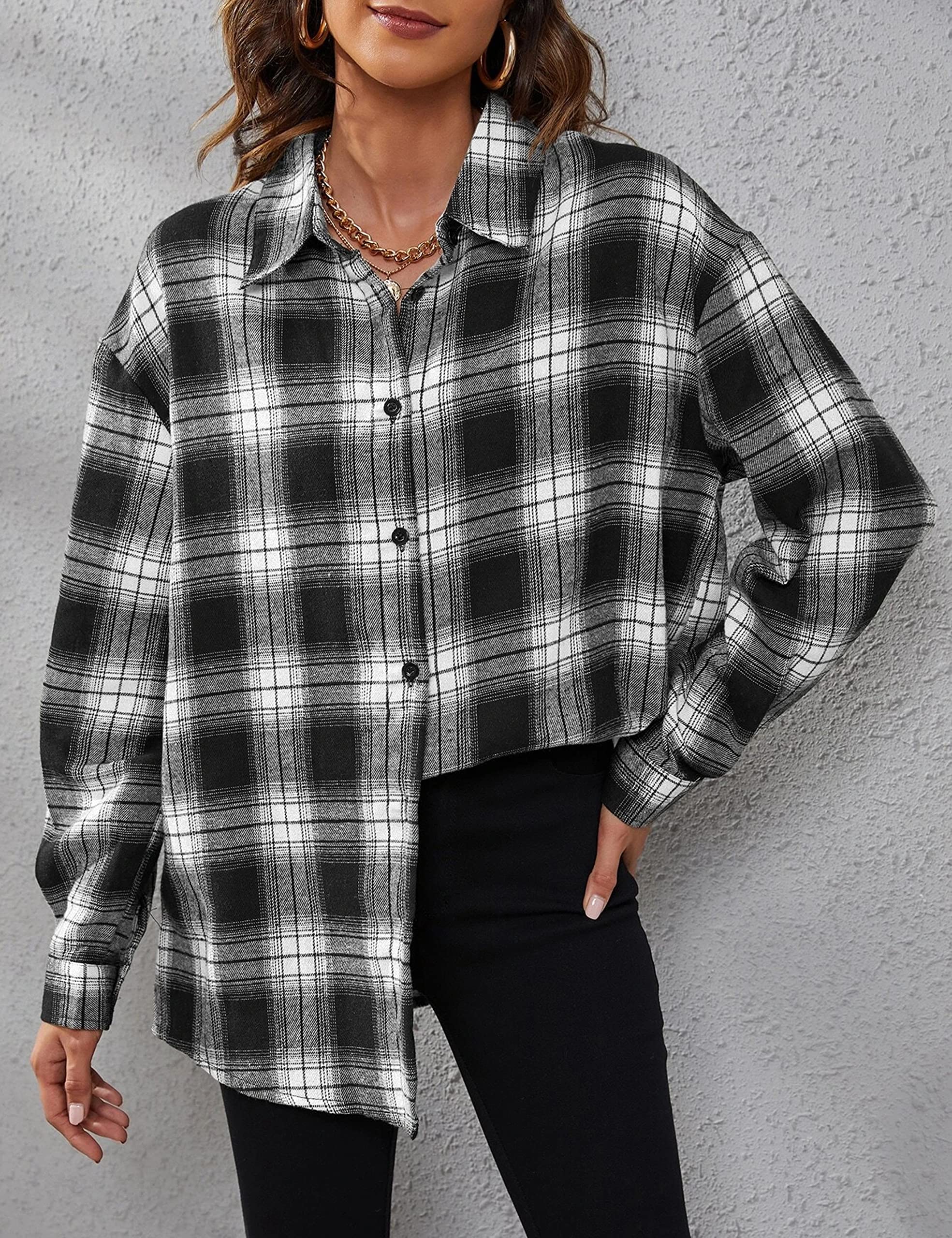 Ailoqing Plaid Shirts for Women Long Sleeve Button Down Flannel Shirts Buffalo Blouse Tops(Blackwhite-M)