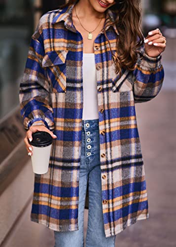 BTFBM Women's Corduroy Shacket Jacket Shirts Lapel Long Sleeve Oversized 2023 Fall Winter Button Down Shirt Dress Pocket(Plaid Royal Blue, X-Large)