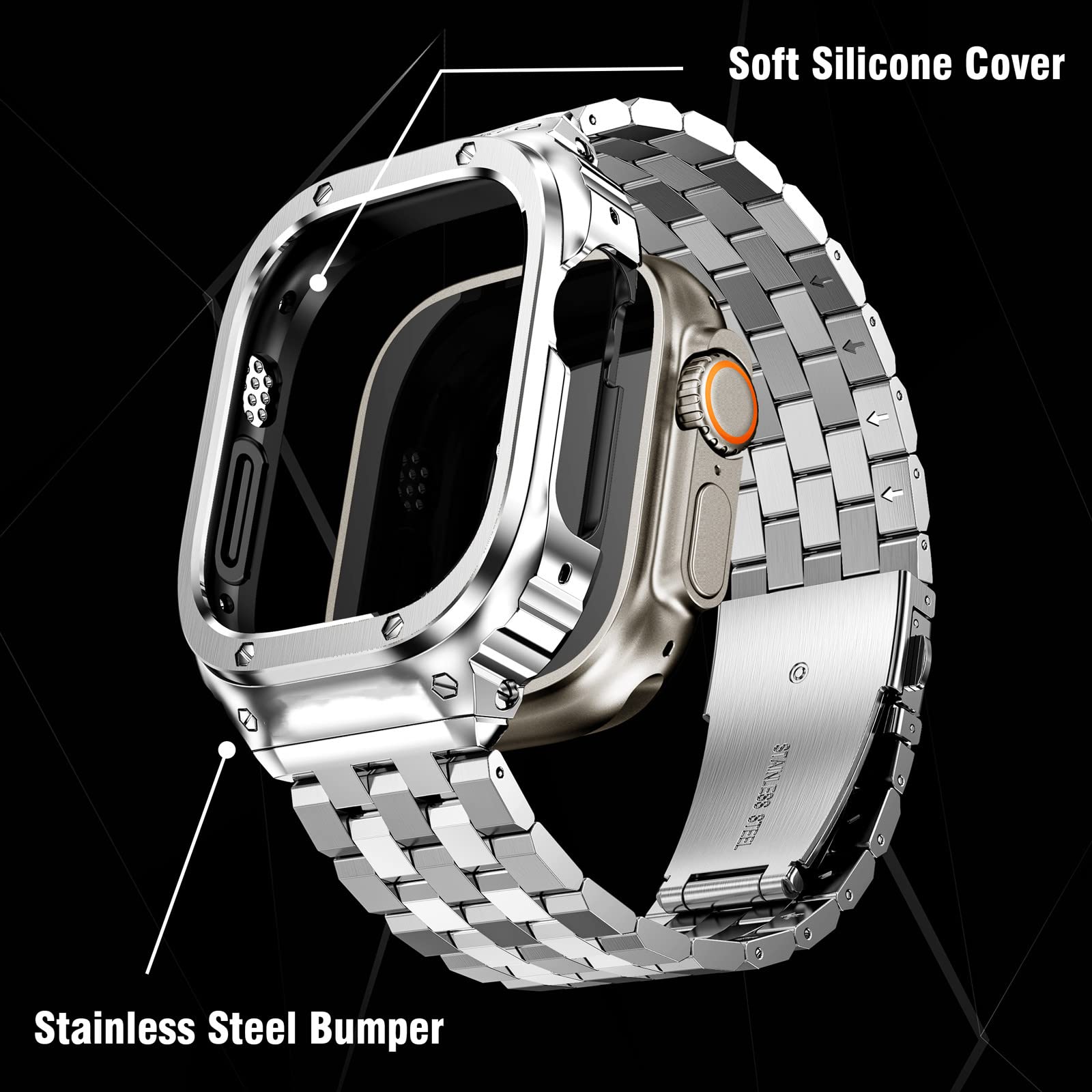 SUPLINK Stainless Steel Case with Band Compatible with Apple Watch Ultra 2/1 49mm Metal Rugged Protector Cover for iWatch Men (Silver)