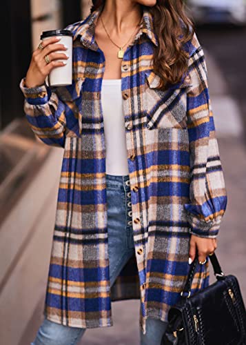 BTFBM Women's Corduroy Shacket Jacket Shirts Lapel Long Sleeve Oversized 2023 Fall Winter Button Down Shirt Dress Pocket(Plaid Royal Blue, X-Large)