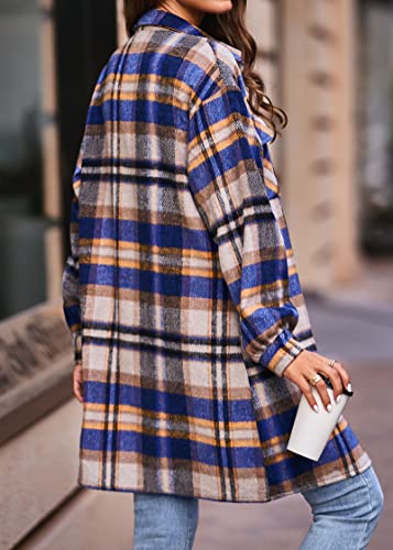 BTFBM Women's Corduroy Shacket Jacket Shirts Lapel Long Sleeve Oversized 2023 Fall Winter Button Down Shirt Dress Pocket(Plaid Royal Blue, X-Large)