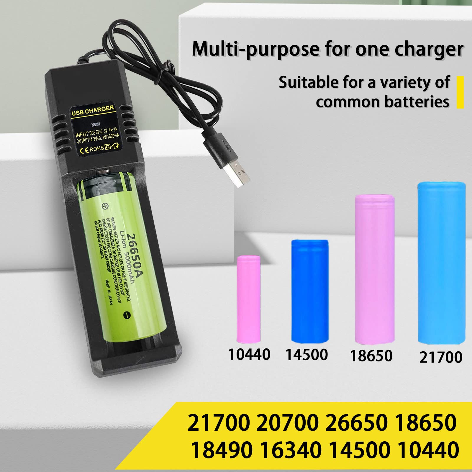 26650 Rechargeable Battery Charger USB Single Slot Charger for 3.7v Lithium Battery 21700 26650 10440 14500 18500 16340 18650 3.7V