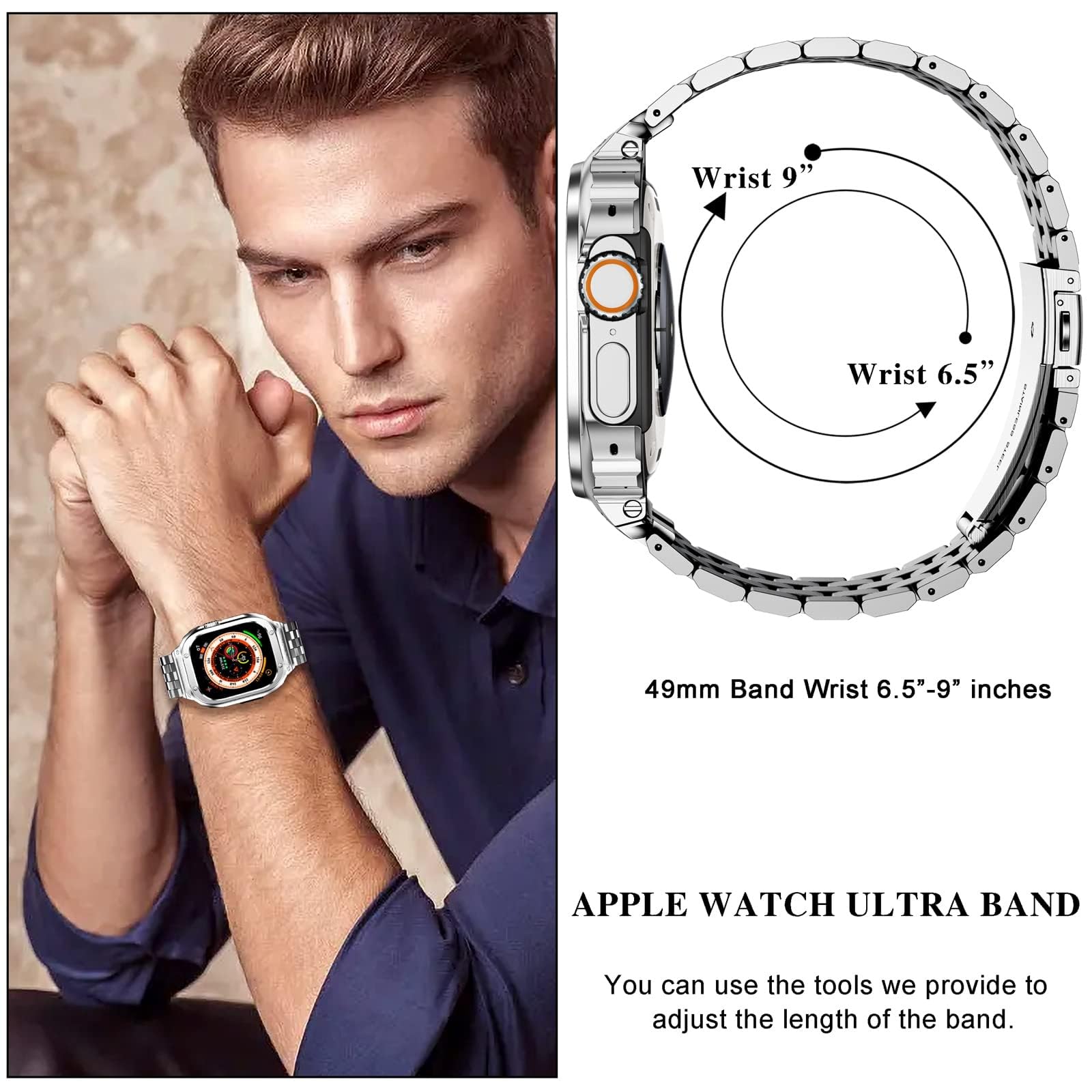SUPLINK Stainless Steel Case with Band Compatible with Apple Watch Ultra 2/1 49mm Metal Rugged Protector Cover for iWatch Men (Silver)