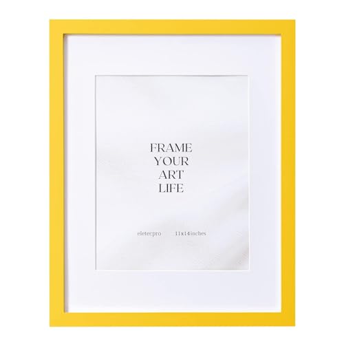 eletecpro 11x14 Picture Frame Made of Solid Wood and HD Glass Colourful Frame Display 8x10 Photo with Mat or 11x14 without Mat Home Decor for Wall and Tabletop Yellow 1 Pack