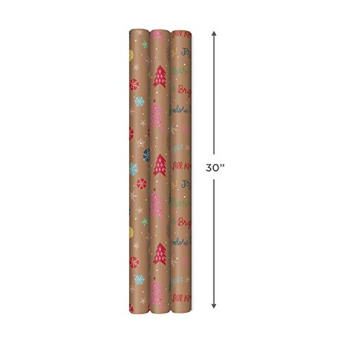 Hallmark Colorful Recyclable Christmas Wrapping Paper with Cut Lines on Reverse (3 Rolls: 90 sq. ft. ttl) Kraft Brown with Snowflakes, Pink Trees, "All Kinds of Merry"