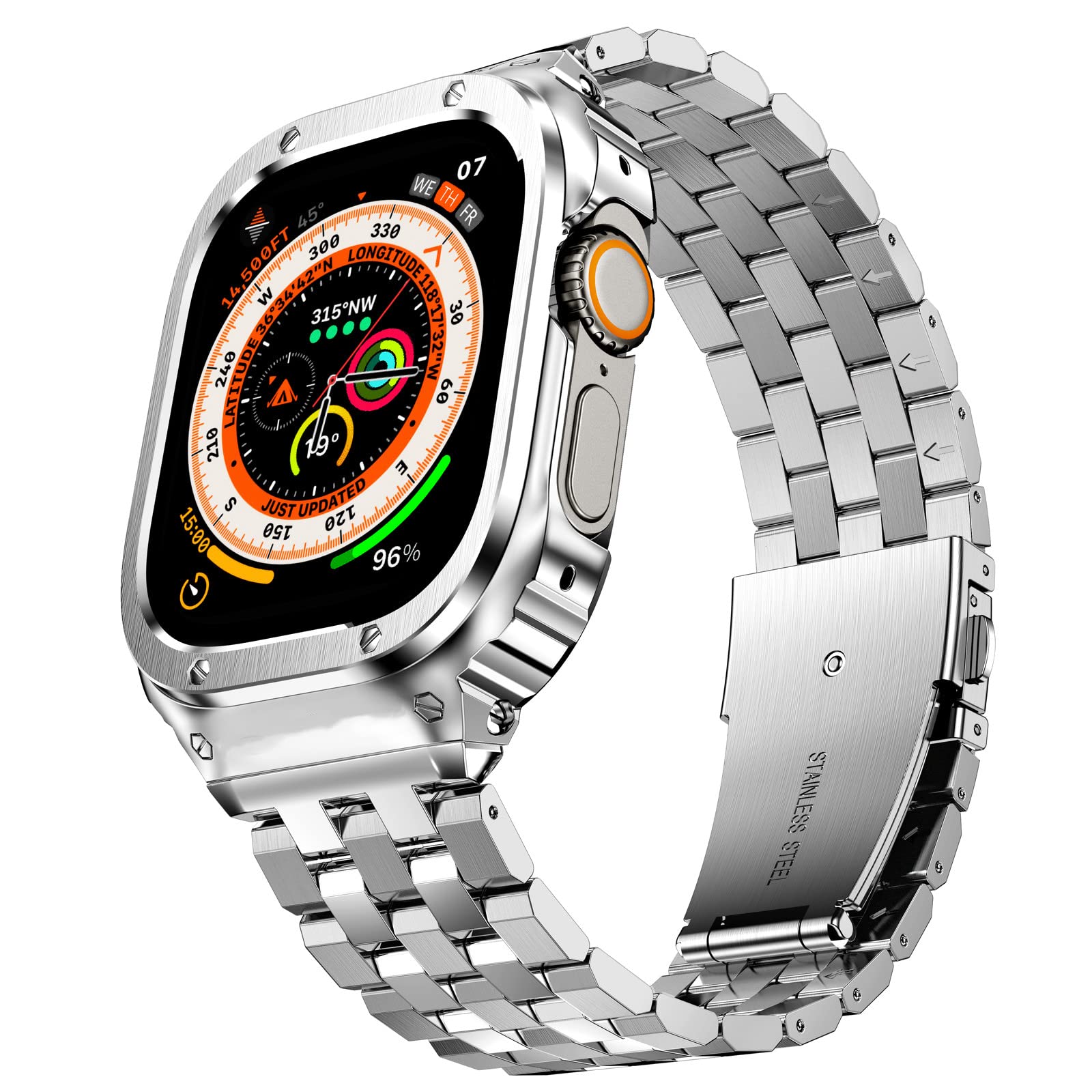 SUPLINK Stainless Steel Case with Band Compatible with Apple Watch Ultra 2/1 49mm Metal Rugged Protector Cover for iWatch Men (Silver)