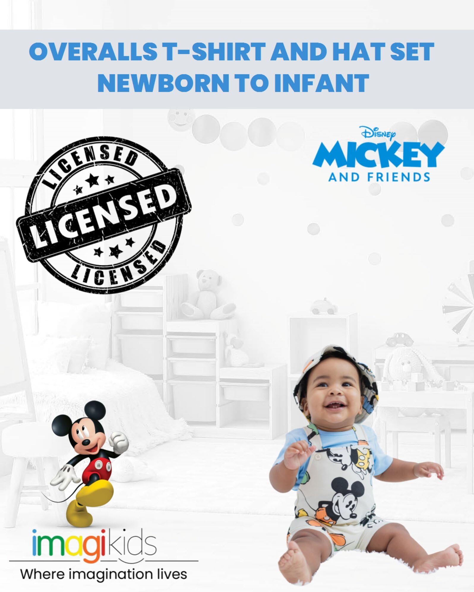 Disney Mickey Mouse Newborn Baby Boys Short Overalls T-Shirt and Hat 3 Piece Outfit Set Khaki/Blue 6-9 Months