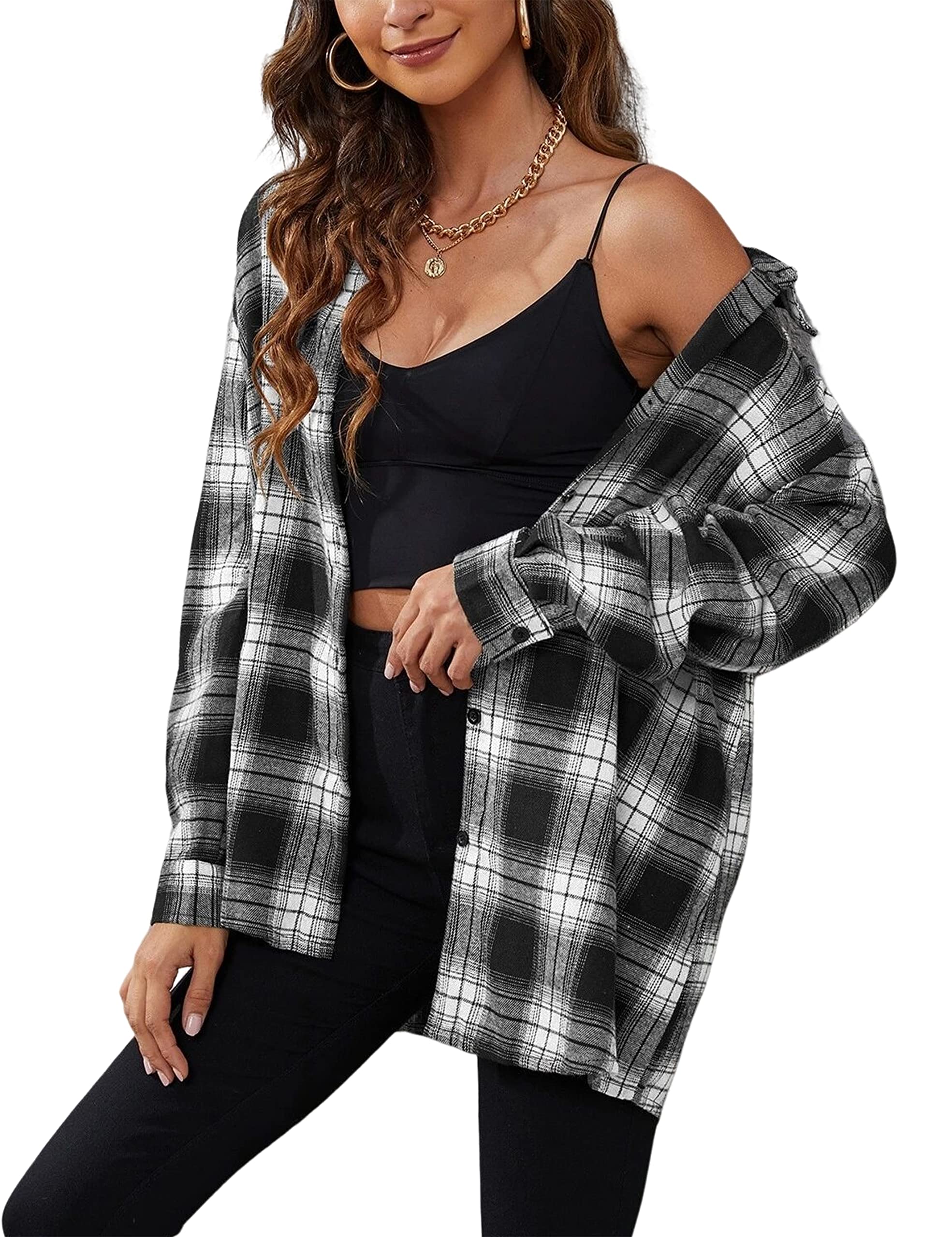 Ailoqing Plaid Shirts for Women Long Sleeve Button Down Flannel Shirts Buffalo Blouse Tops(Blackwhite-M)