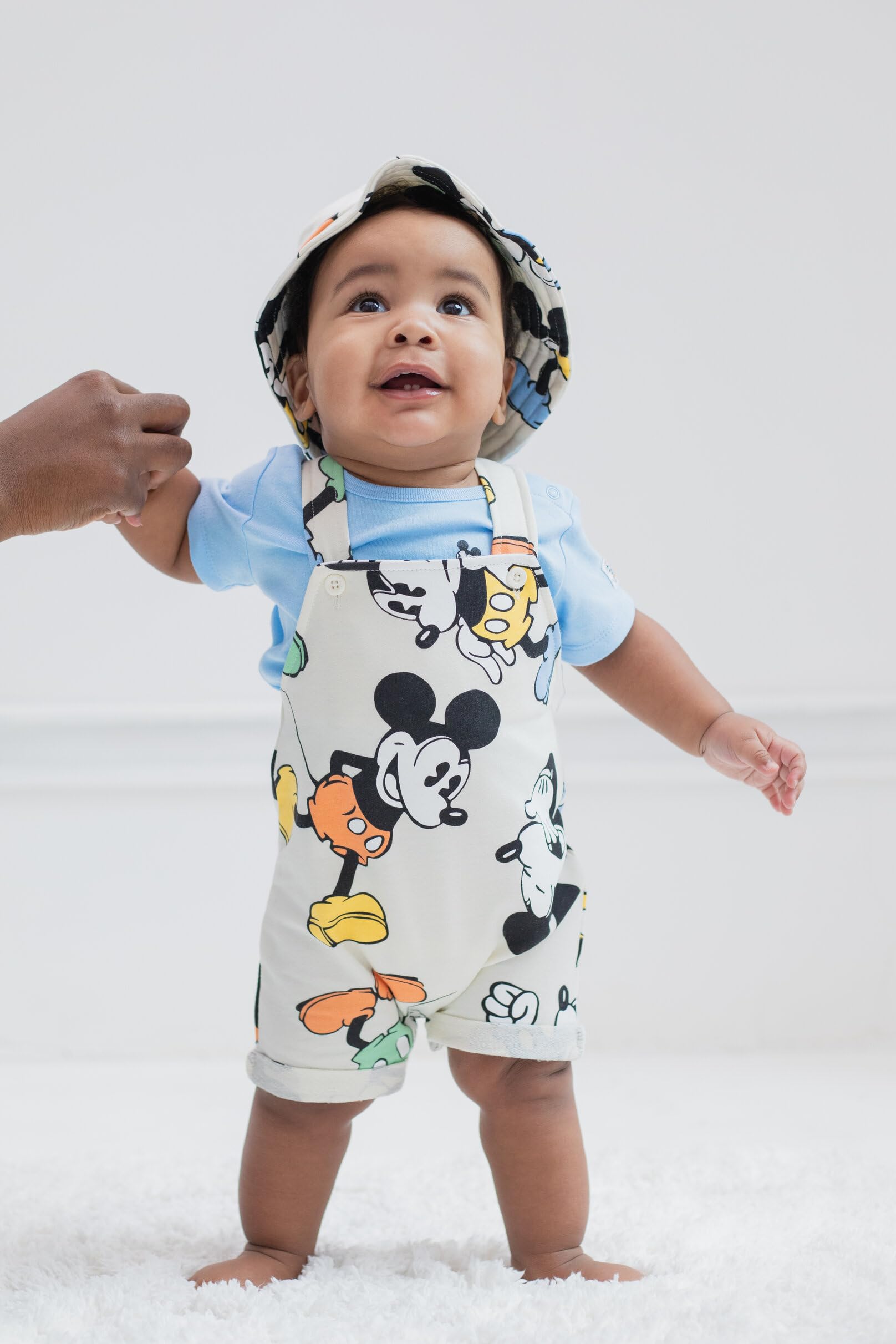 Disney Mickey Mouse Newborn Baby Boys Short Overalls T-Shirt and Hat 3 Piece Outfit Set Khaki/Blue 6-9 Months