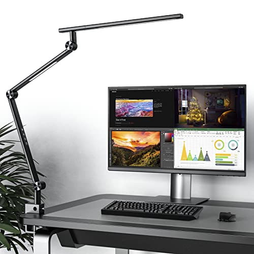 Arteasy LED Desk Lamp, Desk Light for Home Office, Dual Light Source 18W Brightest, Eye-Caring Optical Lens, Office Lamp, 5 Color Modes & Brightness, Aluminum Alloy Clip on Lamp, Clamp Lamp, Black