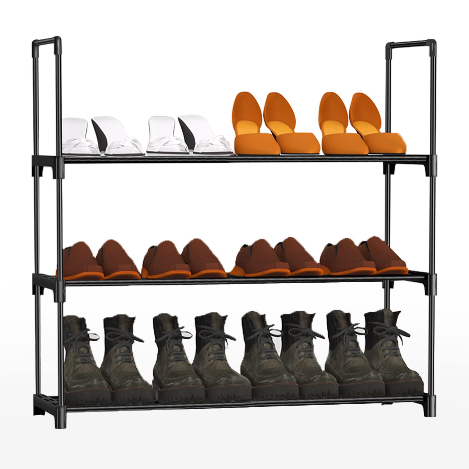 BIWHALE 3-Tier Stackable Shoe Rack, Expandable & Adjustable Fabric Shoe Shelf Storage Organizer, Black