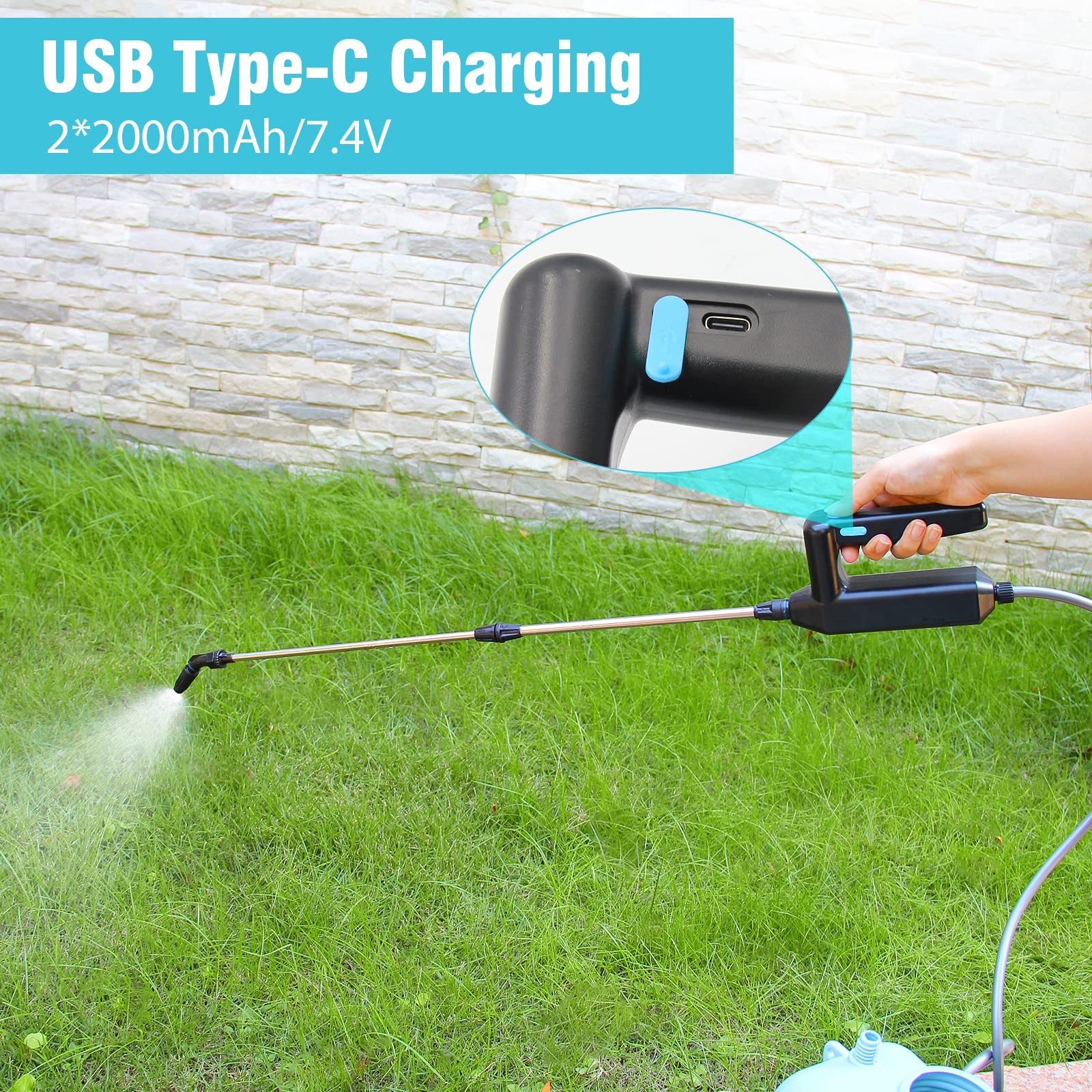 SideKing Battery Powered Sprayer Wand, 23.6inch Electric Sprayer Telescopic Watering Wand with 16.4FT Hose, Rechargeable and Portable Spray Wand for Gardening (3 Nozzles)