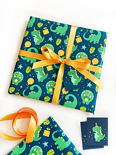Dinosaur Wrapping Paper Gift Set - Birthday wrapping paper for boys - w/ 27" x 39" Folded Gift Wrap (3) + 3 Meters of Ribbon & 3 Gift Tags - Cute wrapping Paper, baby boy wrapping paper for Baby Showers, Dinosaur Birthday party, & More