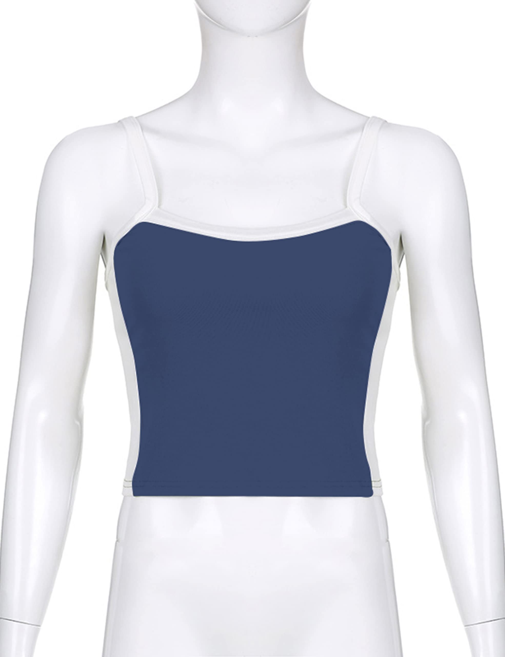 KAMISSY Cotton Color Block Tank Tops for Women Sleeveless Patchwork Crop Cami Tank Casual Slim Fit Cropped Vest Top Blue M