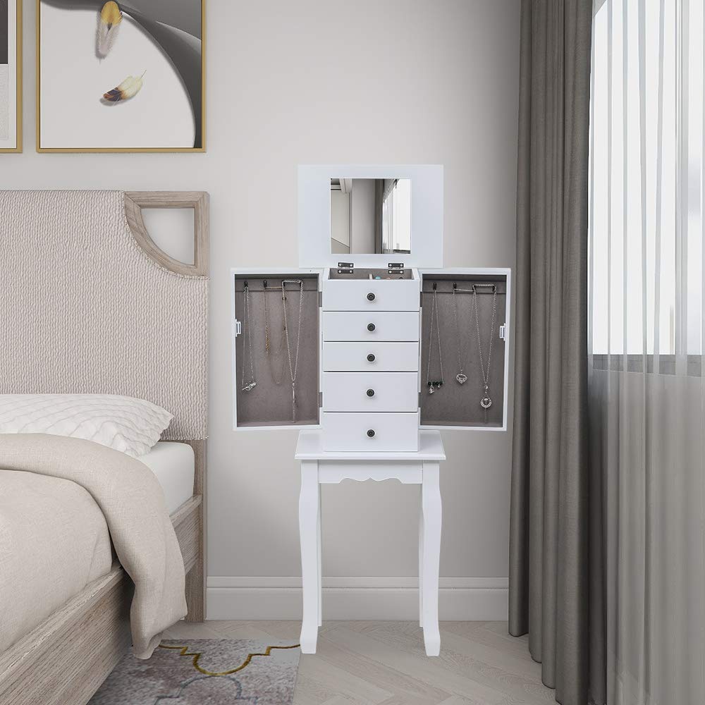 Karl home White Jewelry Armoire With Top Flip Mirror and Storage Organizer, Standing Jewelry Cabinet With 5 Grey flannel Drawers, 2 Side Doors and 4 Solid Wood Legs