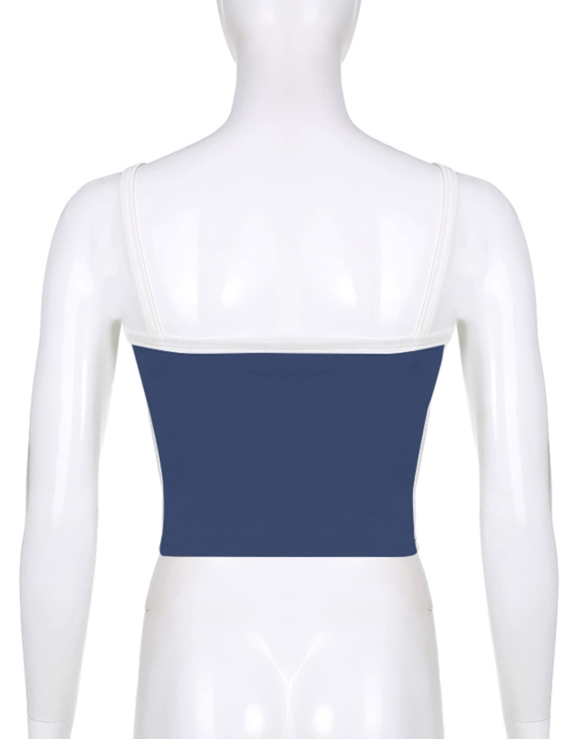 KAMISSY Cotton Color Block Tank Tops for Women Sleeveless Patchwork Crop Cami Tank Casual Slim Fit Cropped Vest Top Blue M