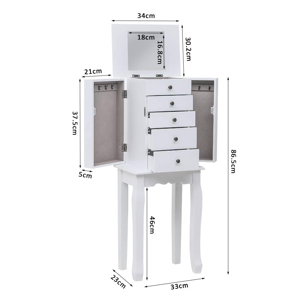 Karl home White Jewelry Armoire With Top Flip Mirror and Storage Organizer, Standing Jewelry Cabinet With 5 Grey flannel Drawers, 2 Side Doors and 4 Solid Wood Legs