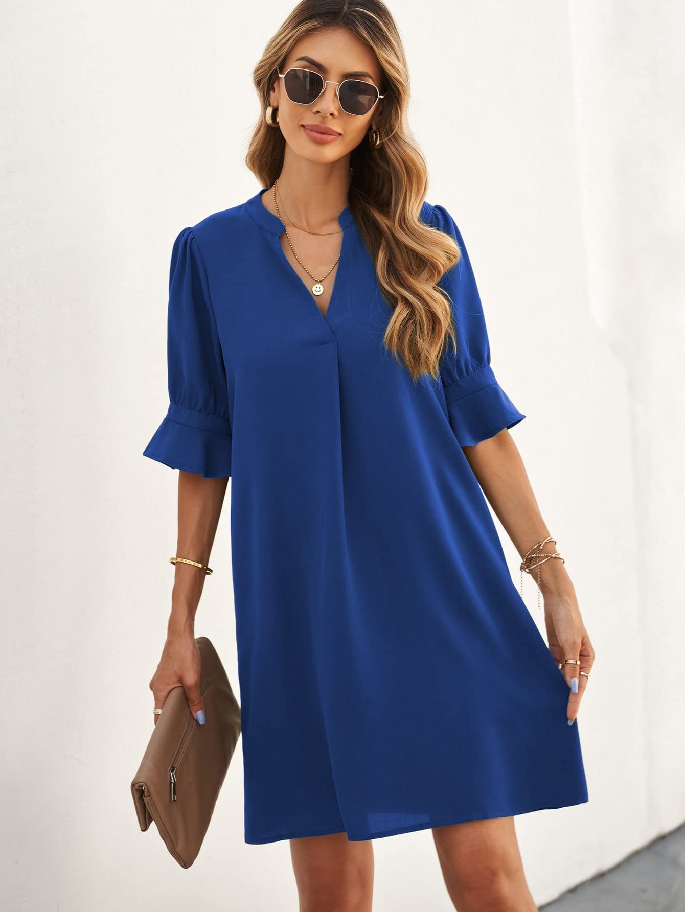 WDIRARA Women's Short Sleeve Notched V Neck Tunic Dress Casual Solid Dresses Royal Blue L