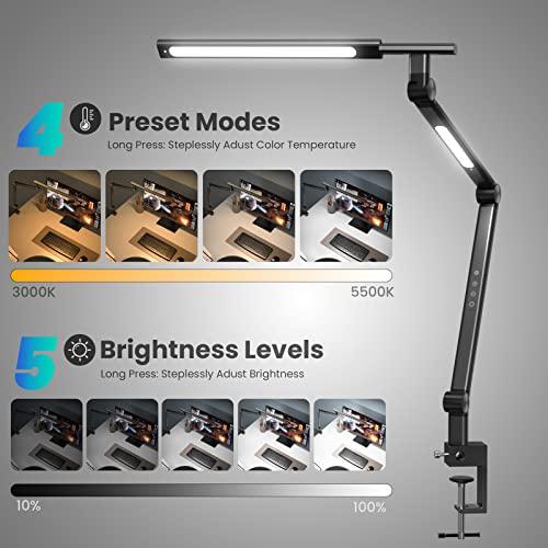 Arteasy LED Desk Lamp, Desk Light for Home Office, Dual Light Source 18W Brightest, Eye-Caring Optical Lens, Office Lamp, 5 Color Modes & Brightness, Aluminum Alloy Clip on Lamp, Clamp Lamp, Black