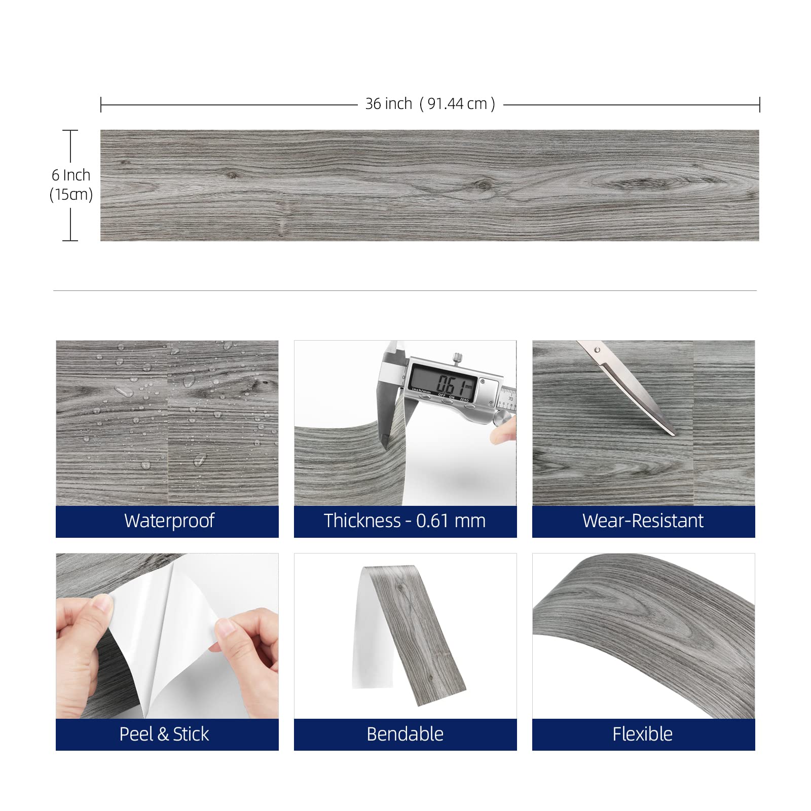 FunStick 6"x36" 30 Sheets Peel and Stick Floor Tile Waterproof Grey Wood Look Vinyl Flooring Planks Peel and Stick Wood Planks for Walls Sticky Tiles for Floor Bathroom Kitchen RV Laminate Flooring