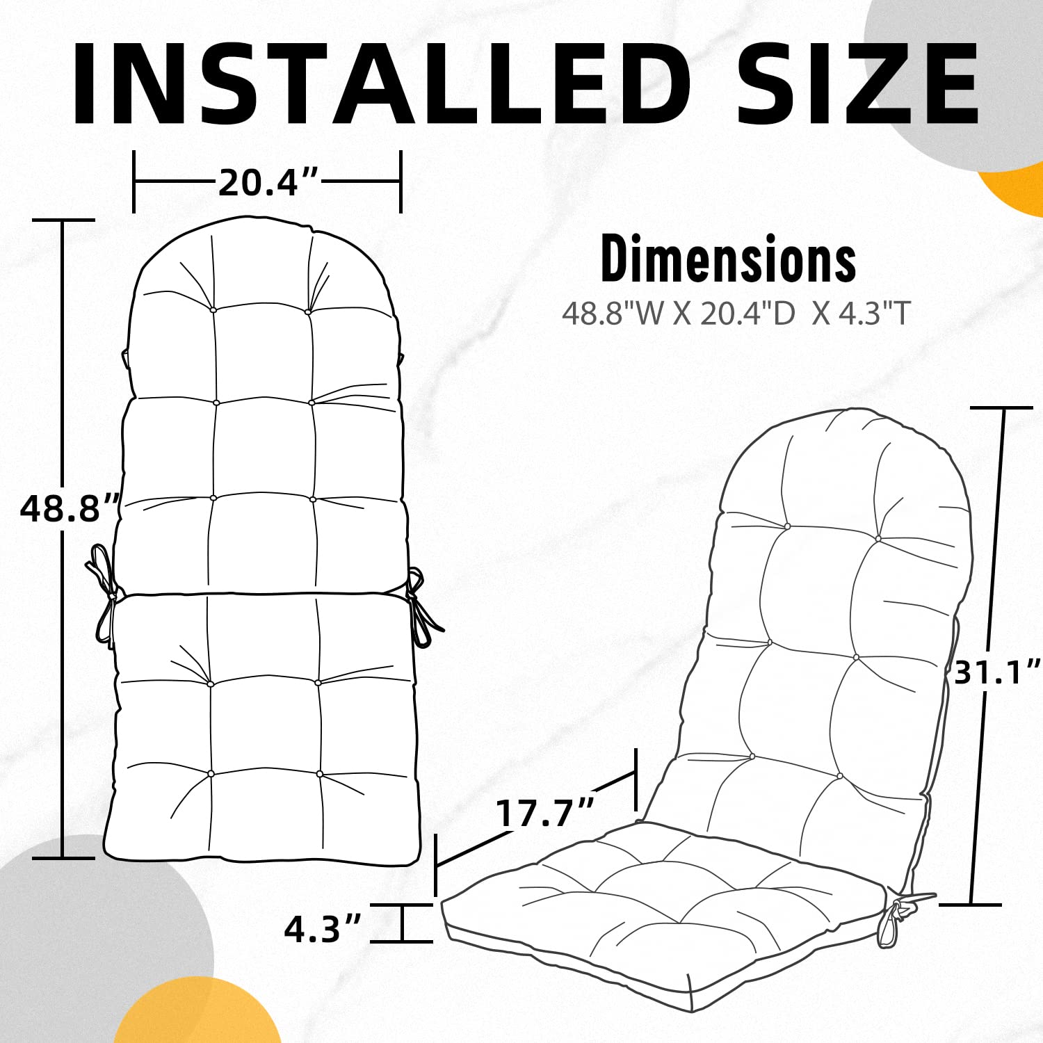 FILUXE Adirondack & Rocking Chair Cushion, High Back Patio Cushions - Waterproof Solid Tufted Pillow, Indoor/Outdoor Pads with Ties, Fade-Resistant & Seasonal All Weather Replacement (Deep Gray, 1)