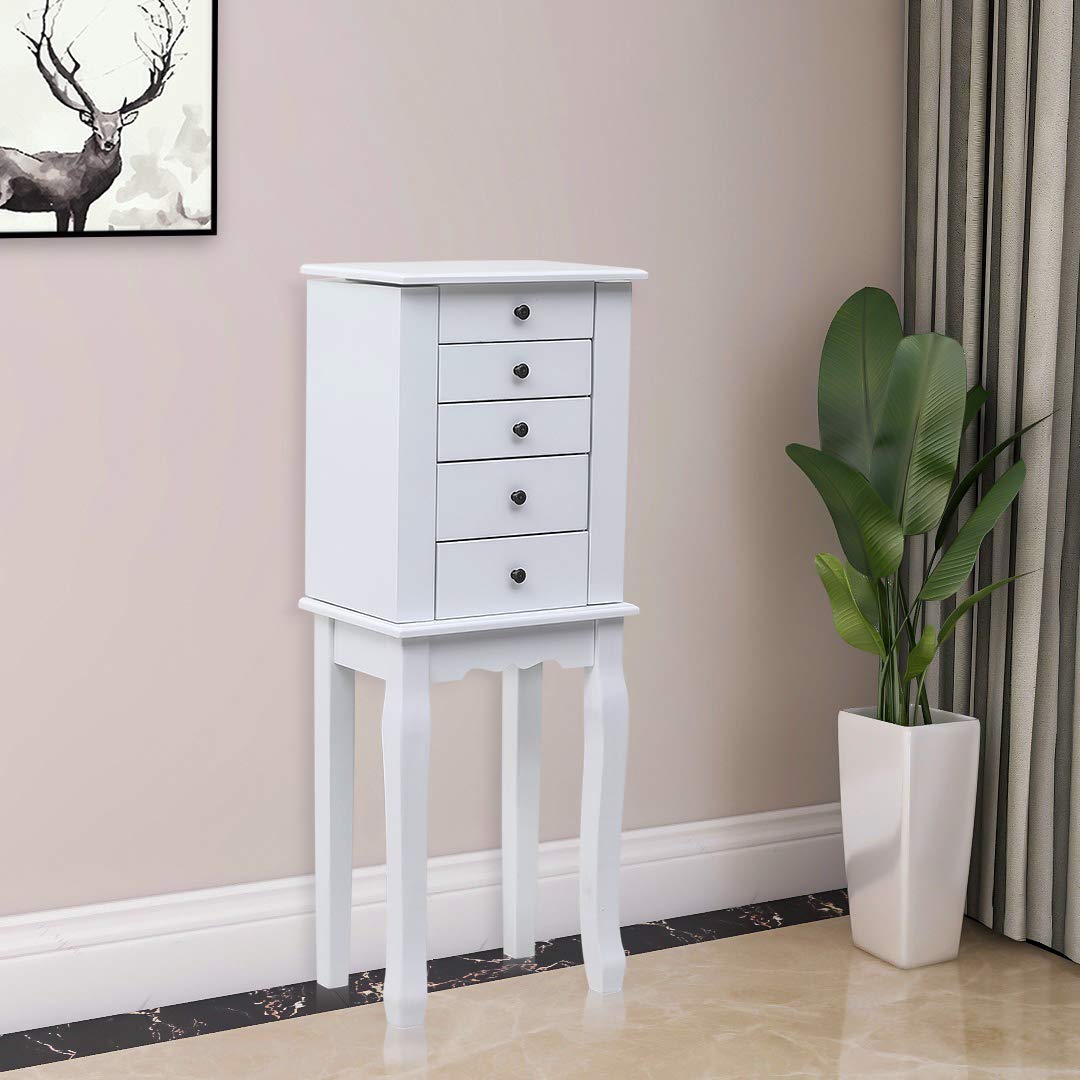 Karl home White Jewelry Armoire With Top Flip Mirror and Storage Organizer, Standing Jewelry Cabinet With 5 Grey flannel Drawers, 2 Side Doors and 4 Solid Wood Legs