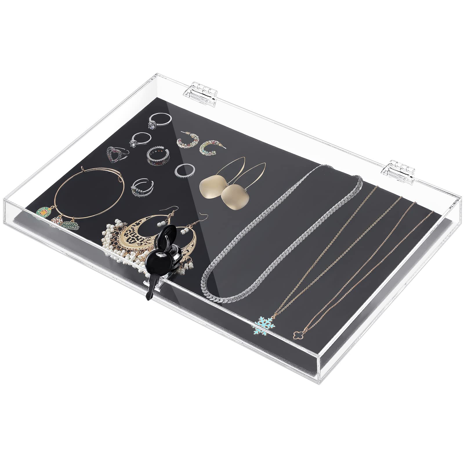 Weysat Acrylic Locking Display Case for Jewelry, Clear Rectangular Display Box Security Showcase Safe Box with Lock and Key Black Padding for Jewelry Selling Collector Watches Knives