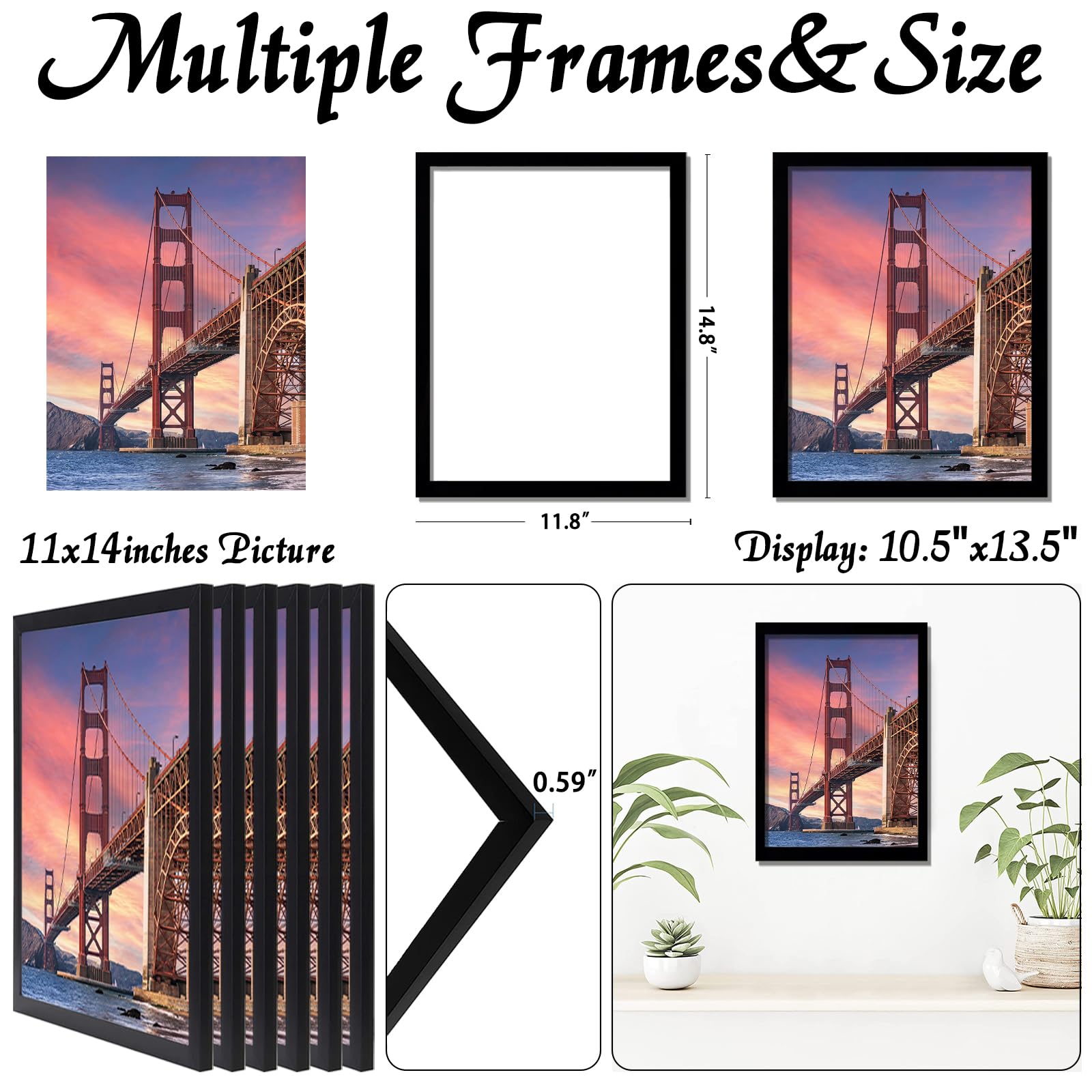 ijuerybai 6 Sets 11x14 Picture Frame, Frames for 11 x 14 Canvas Collage Photo Poster Certificate Wall Gallery, High Transparent Horizontal Vertical Black 11 by 14 Inches
