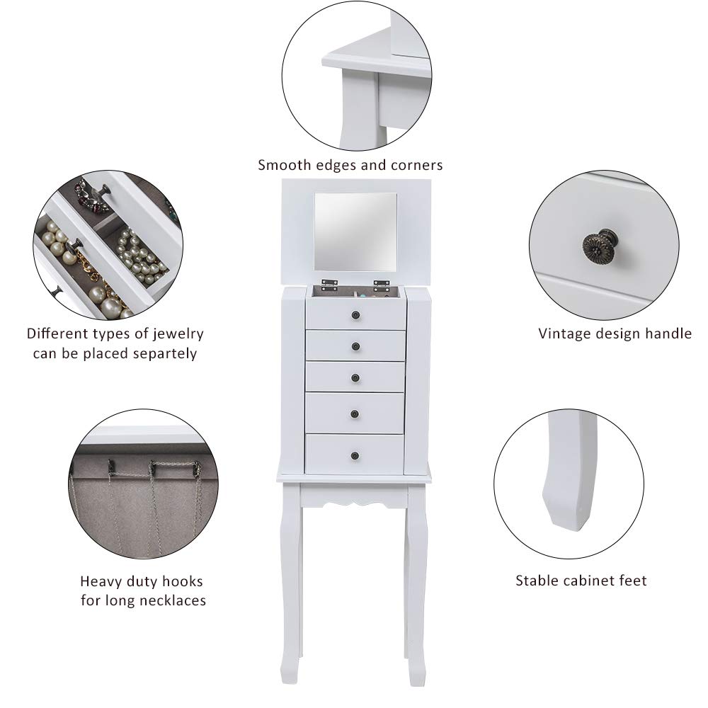 Karl home White Jewelry Armoire With Top Flip Mirror and Storage Organizer, Standing Jewelry Cabinet With 5 Grey flannel Drawers, 2 Side Doors and 4 Solid Wood Legs