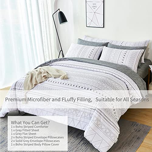 RYNGHIPY Boho Comforter Set Full Size: White Grey Geometric Bed in a Bag for Men Boys - All Season Comfoter with Sheets Pillowcases Soft Microfiber (White,Full Size)